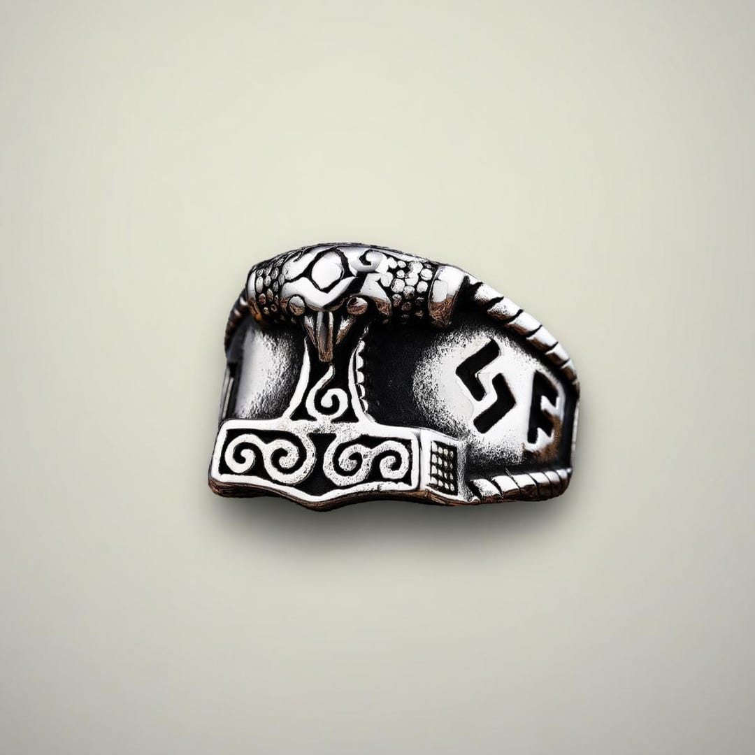 Viking Thor’s Hammer Titanium Steel Ring, Raven Beak Ring, Norse ...