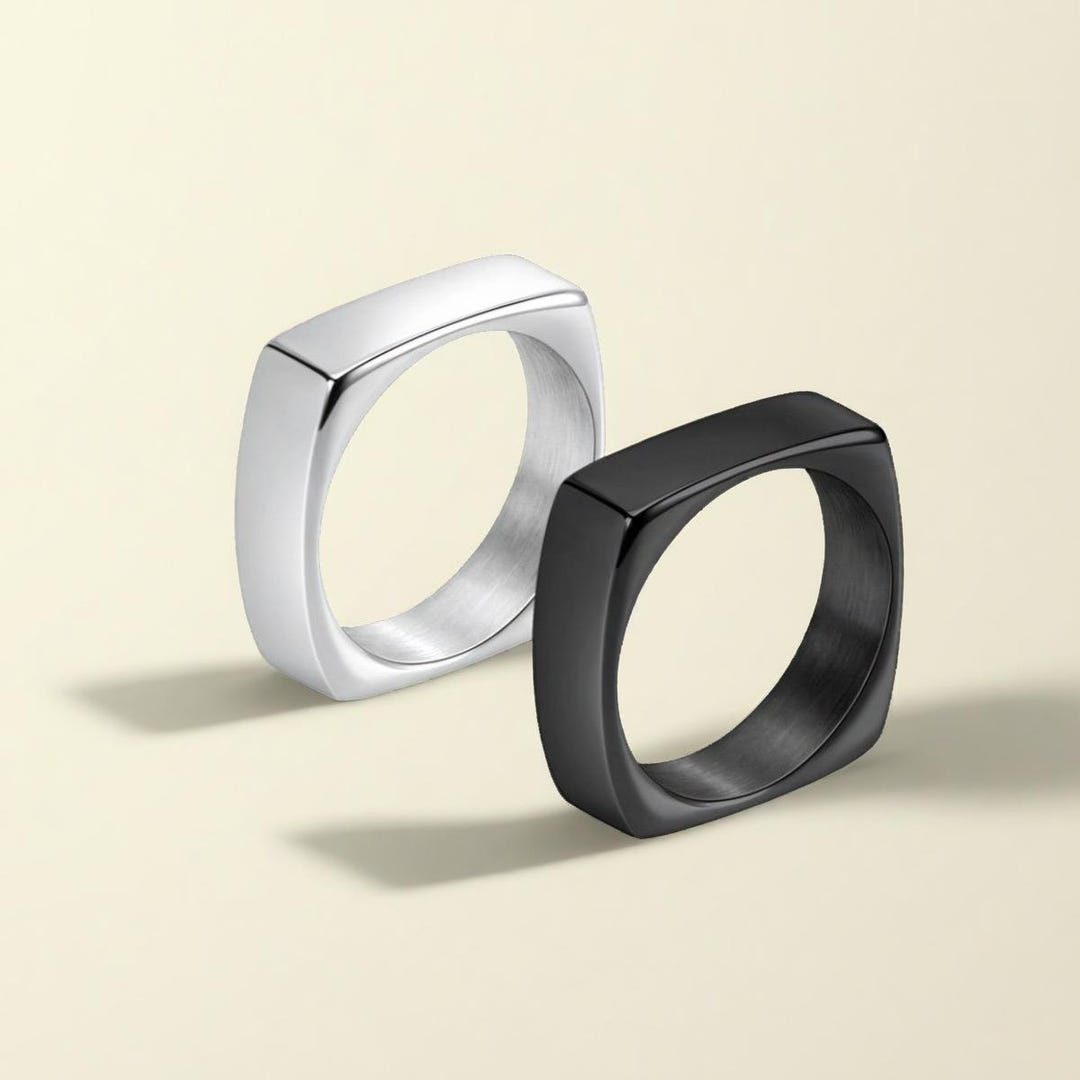 Minimalist Square Matching Couple Rings, Stainless Steel Geometric Band ...