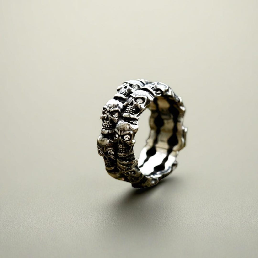 Double Skull Vintage Titanium Steel Ring With Cubic Zirconia, Gothic ...