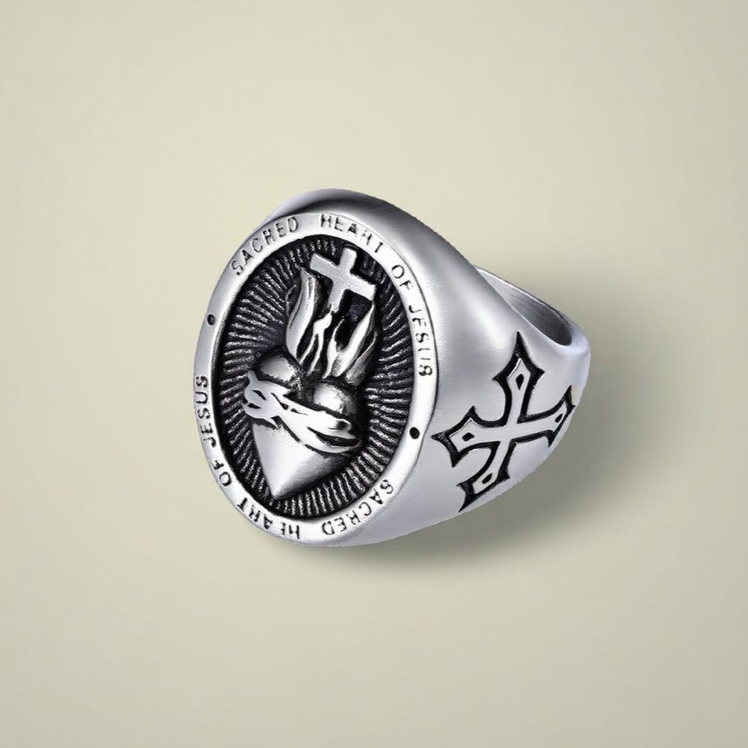Sacred Heart of Jesus Ring, Christian Cross Signet Ring, Catholic ...