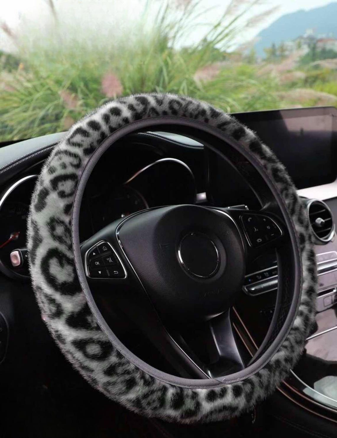Fluffy Leopard Print Steering Wheel Cover Soft Faux Fur Car Accessory ...
