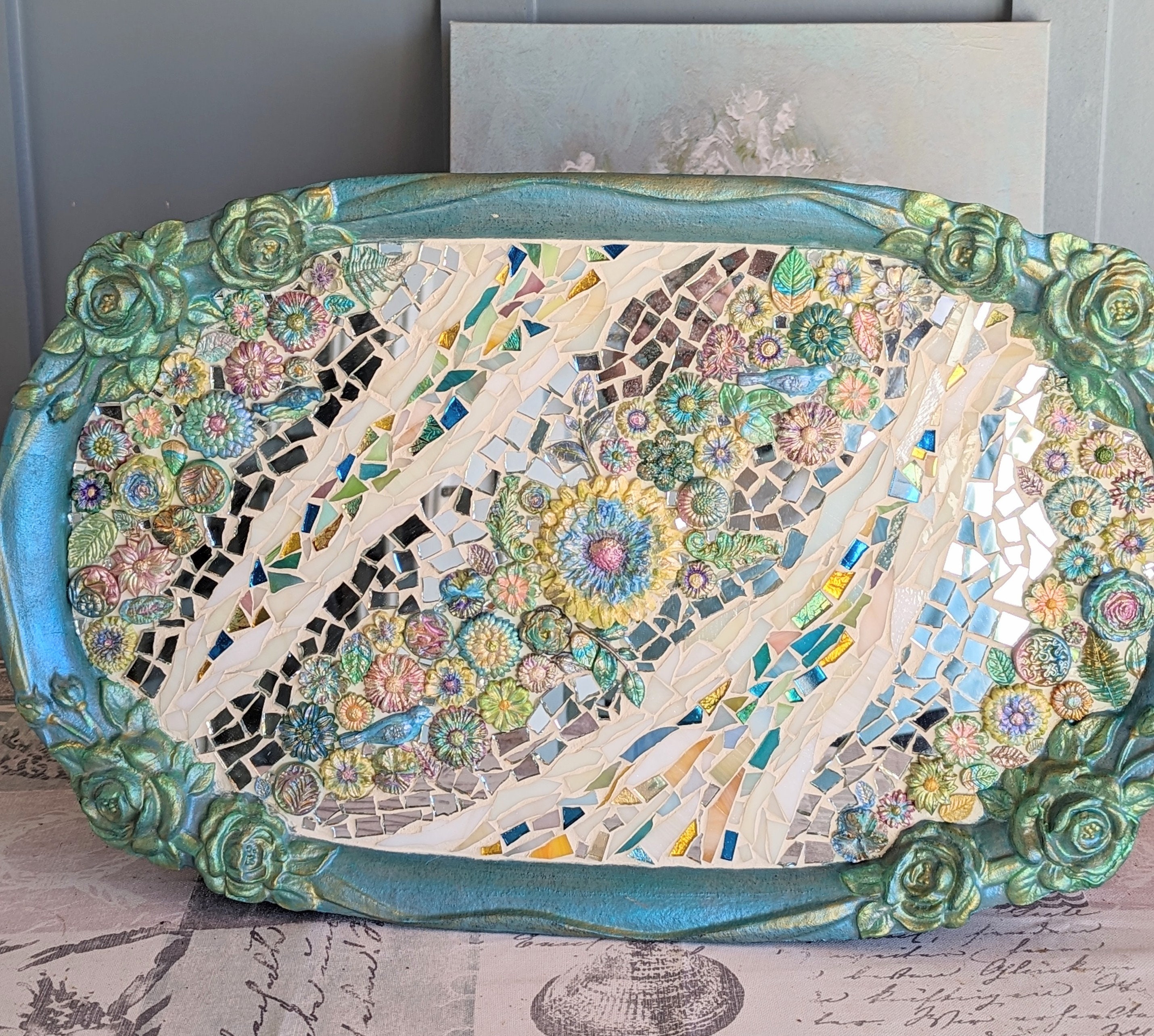 Ornate Mosaic Tray Made With Clay Flowers and Stained Glass - Etsy
