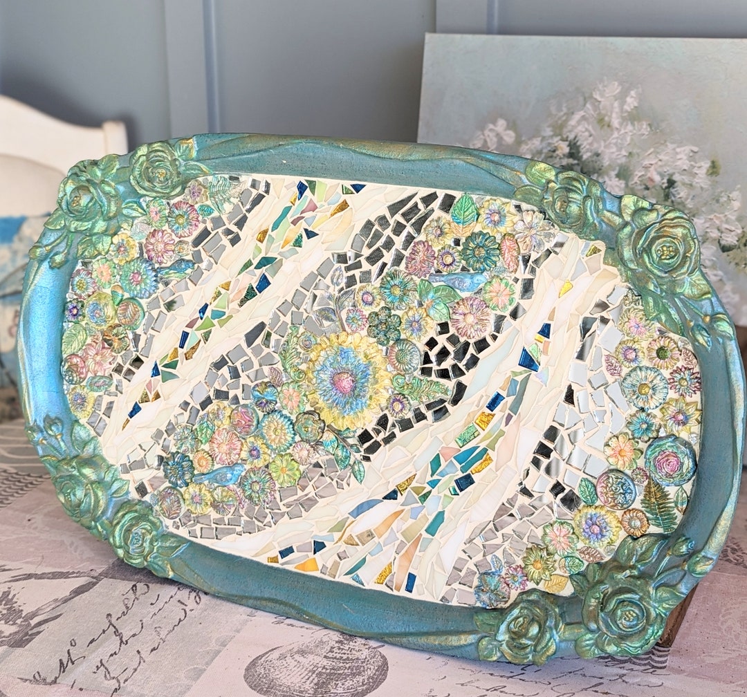 Ornate Mosaic Tray Made With Clay Flowers and Stained Glass - Etsy