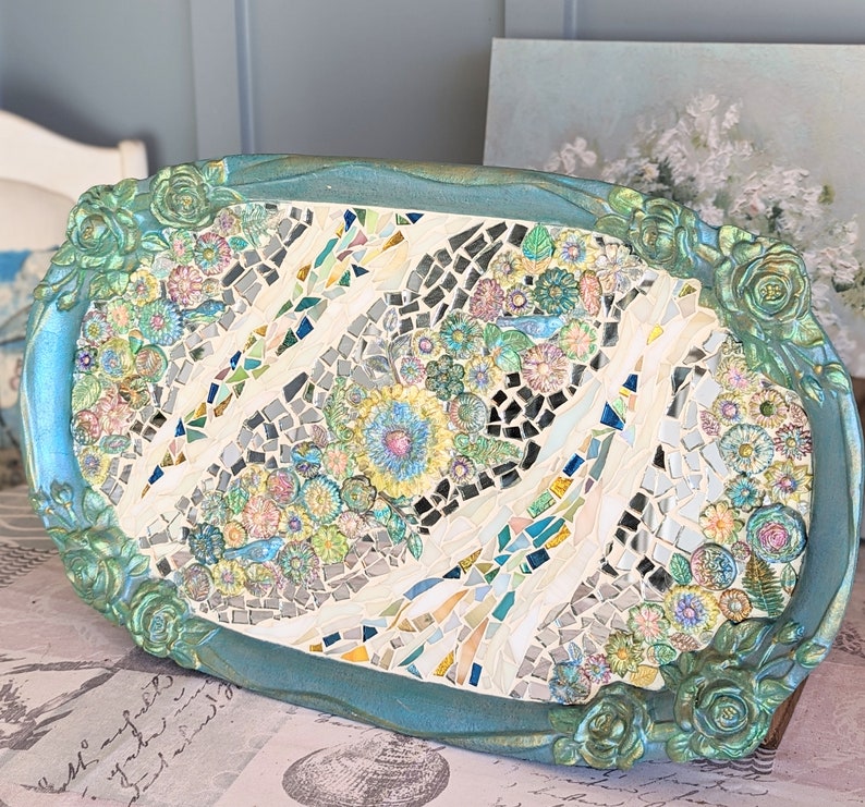 Ornate Mosaic Tray Made With Clay Flowers and Stained Glass - Etsy