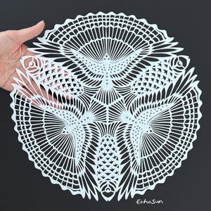 Hand Cut Snowflake Paper Art: Eagle, Fish and Seashell, 13" Home Decor ...