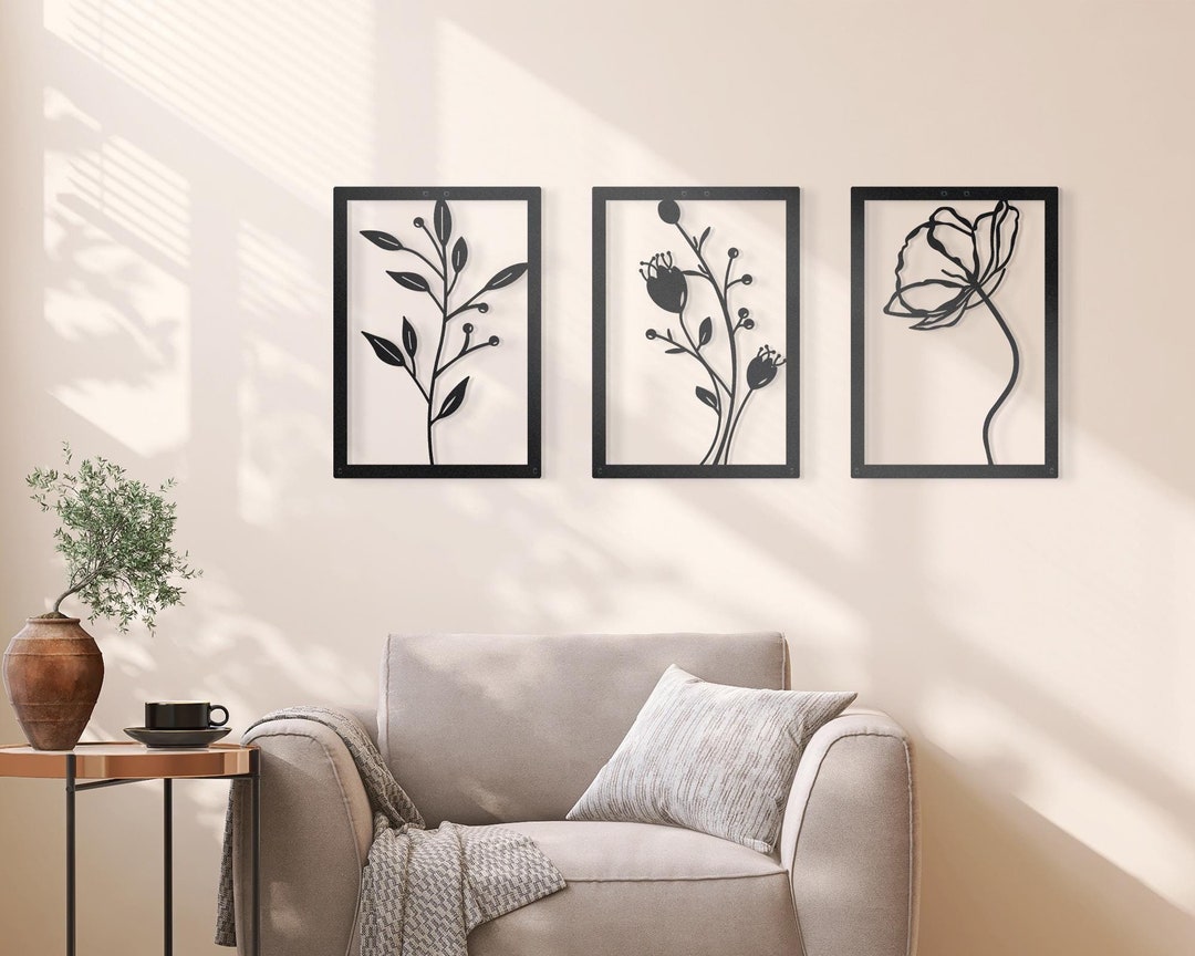 Set of 3 Flowers Metal Wall Art, Poppy Flowers Metal Decor, Metal ...