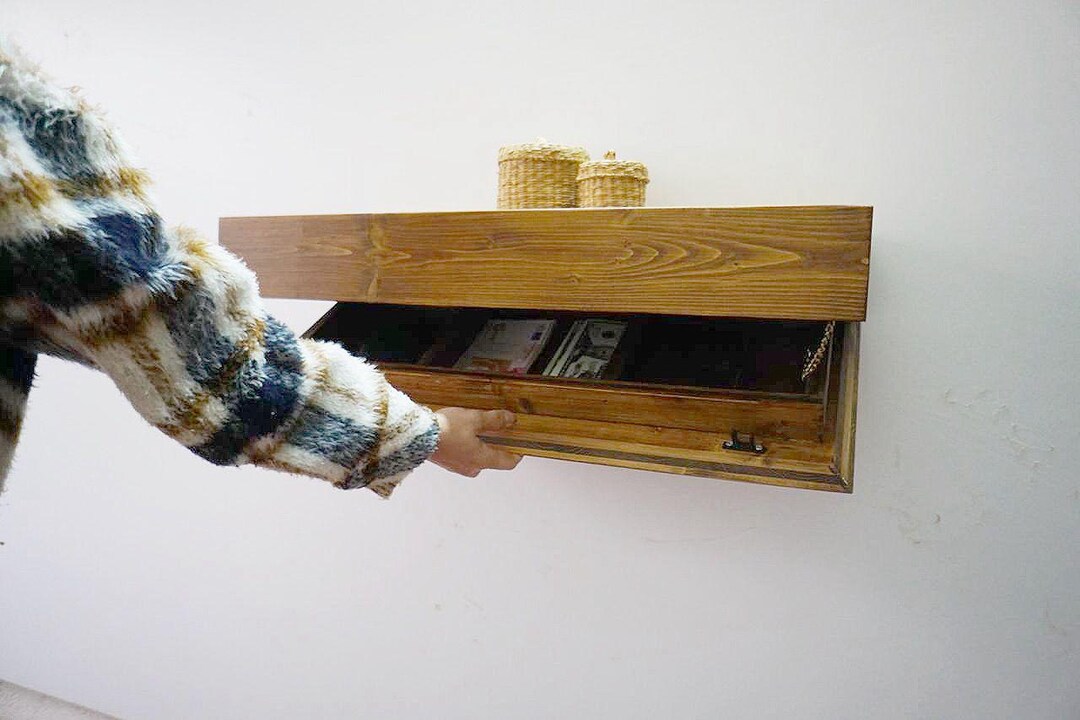 Solid Wood Floating Shelf With Hidden Compartment, Wall Mounted Shelf ...