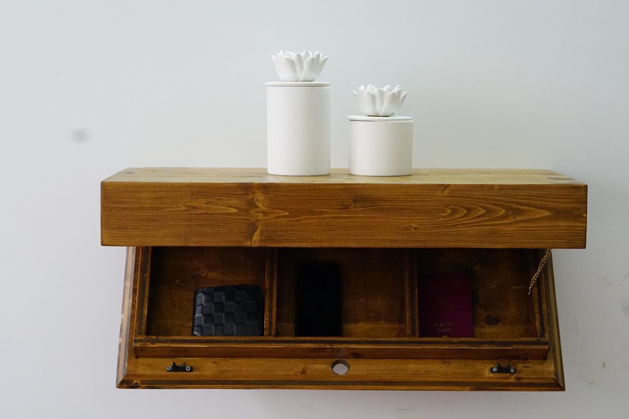 Solid Wood Floating Shelf With Hidden Compartment, Wall Mounted Shelf ...