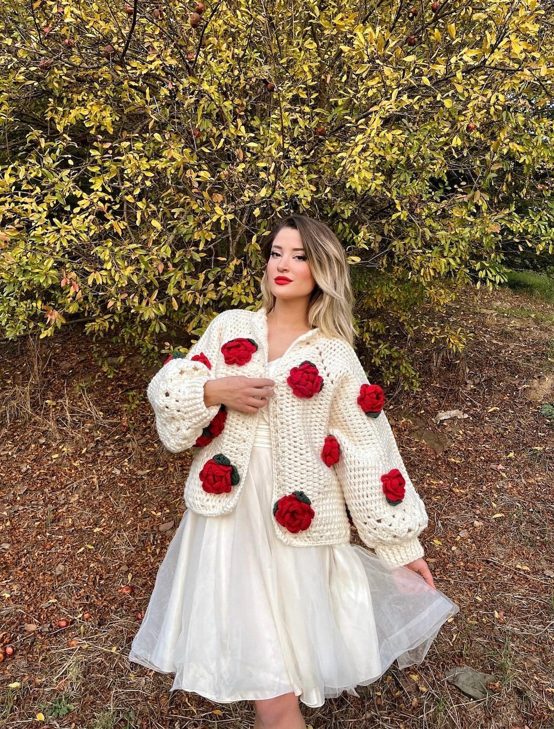 Handmade Chunky Crochet Cardigan: 3D Red Rose Sweater - Etsy