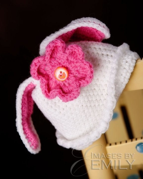Bunny Hat for Girl With Deep Pink Ears and Button on Flower (fits ...