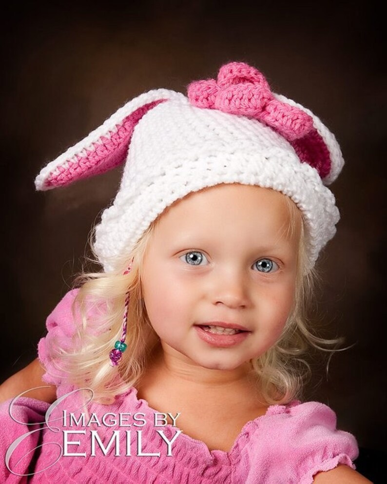 Bunny Hat for Girl With Deep Pink Ears and Button on Flower (fits ...