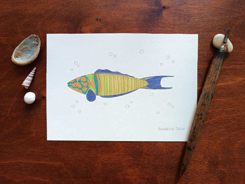 Ornate Wrasse (12x17cm): Original Fish Art ~ Hand-painted Drawing ~ Ink ...