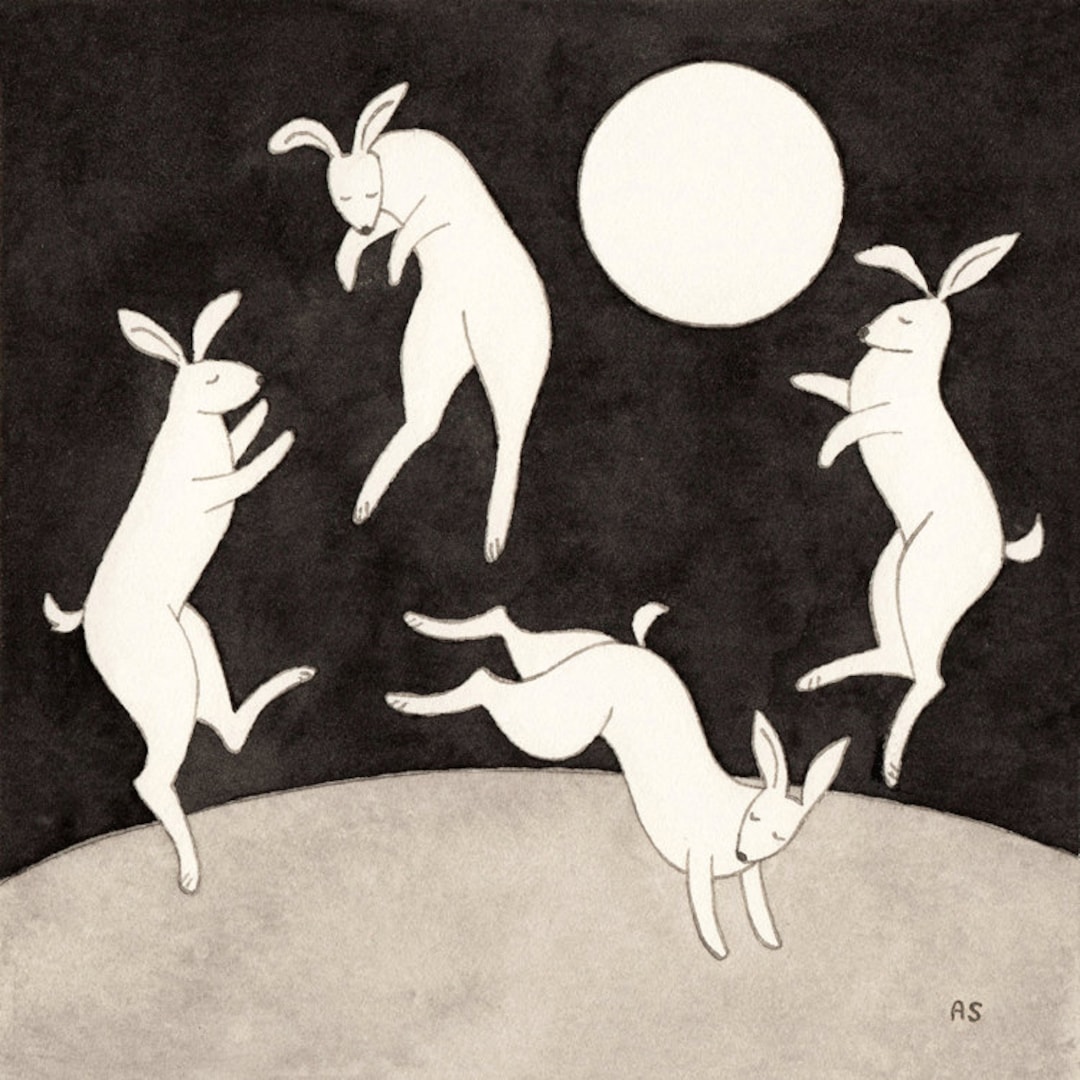 Dancing Hares Limited Edition Art Print Black and White Wall Art Illustration of a Traditional ...