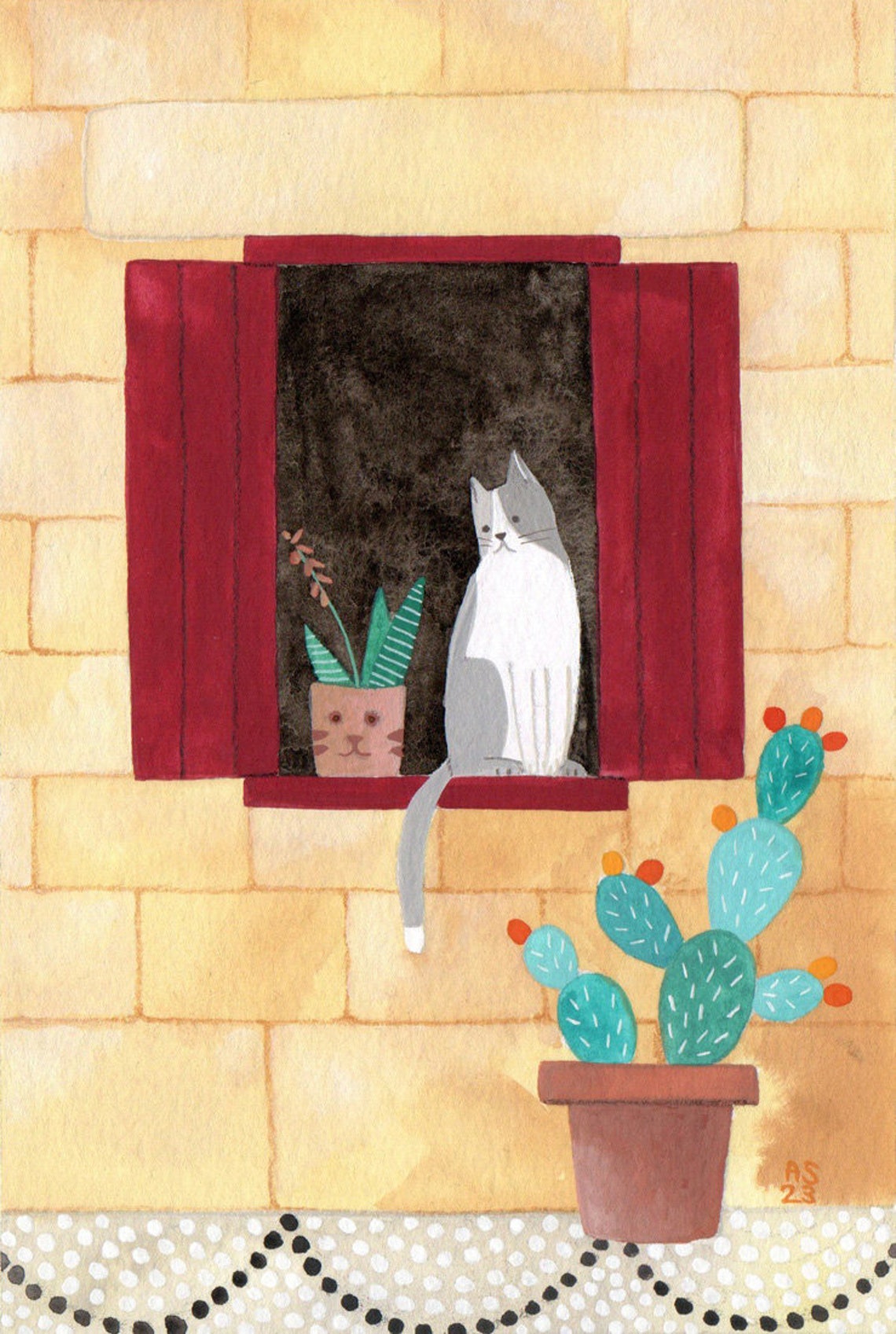 Prickly Pear ~ 13x18cm Signed Art Print ~ Grey and White Cat Wall Decor ...