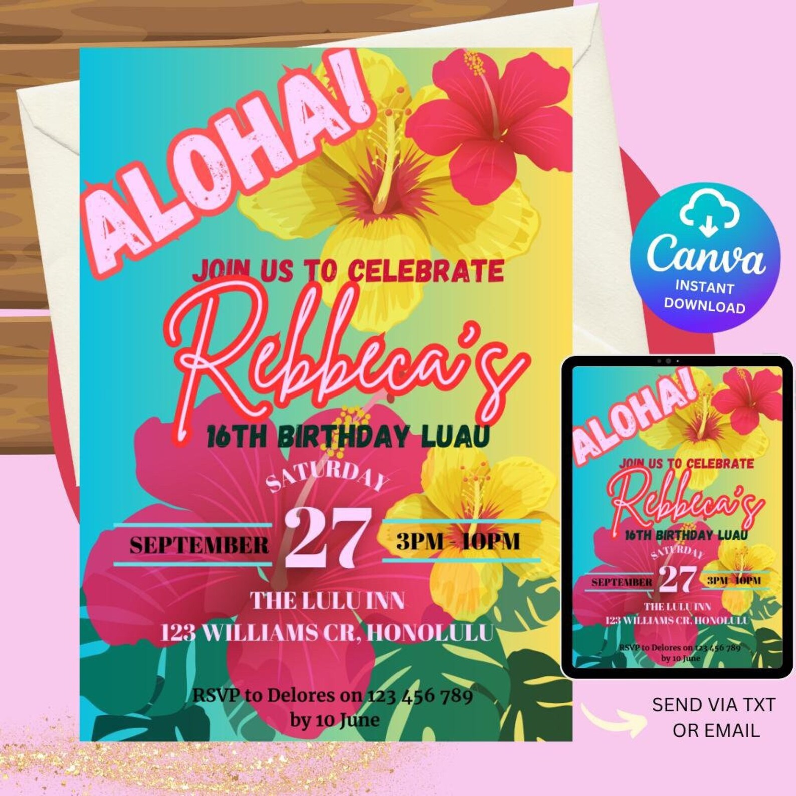 Hawaiian Theme Invitation, Tropical Invitation, Digital Download ...