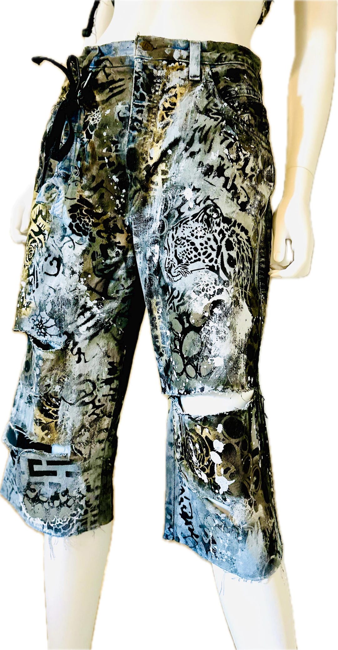 Upcycled Denim Shorts & Bra Top Set – Hand-painted Leopard Print – Size ...