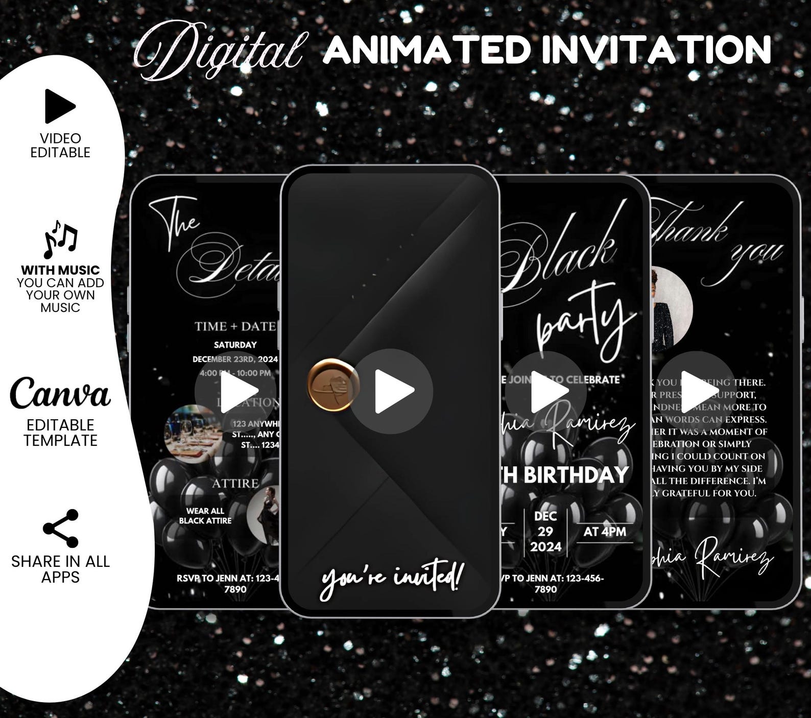 Digital All Black Birthday Party Invitation, Birthday Dinner, Birthday ...