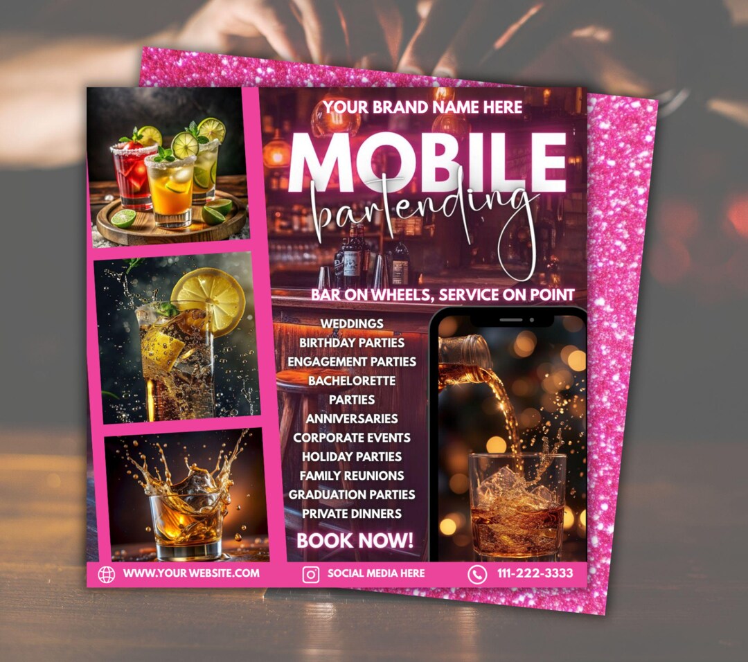 Mobile Bartending Flyer Template, Editable Event Bartender Flyer ...