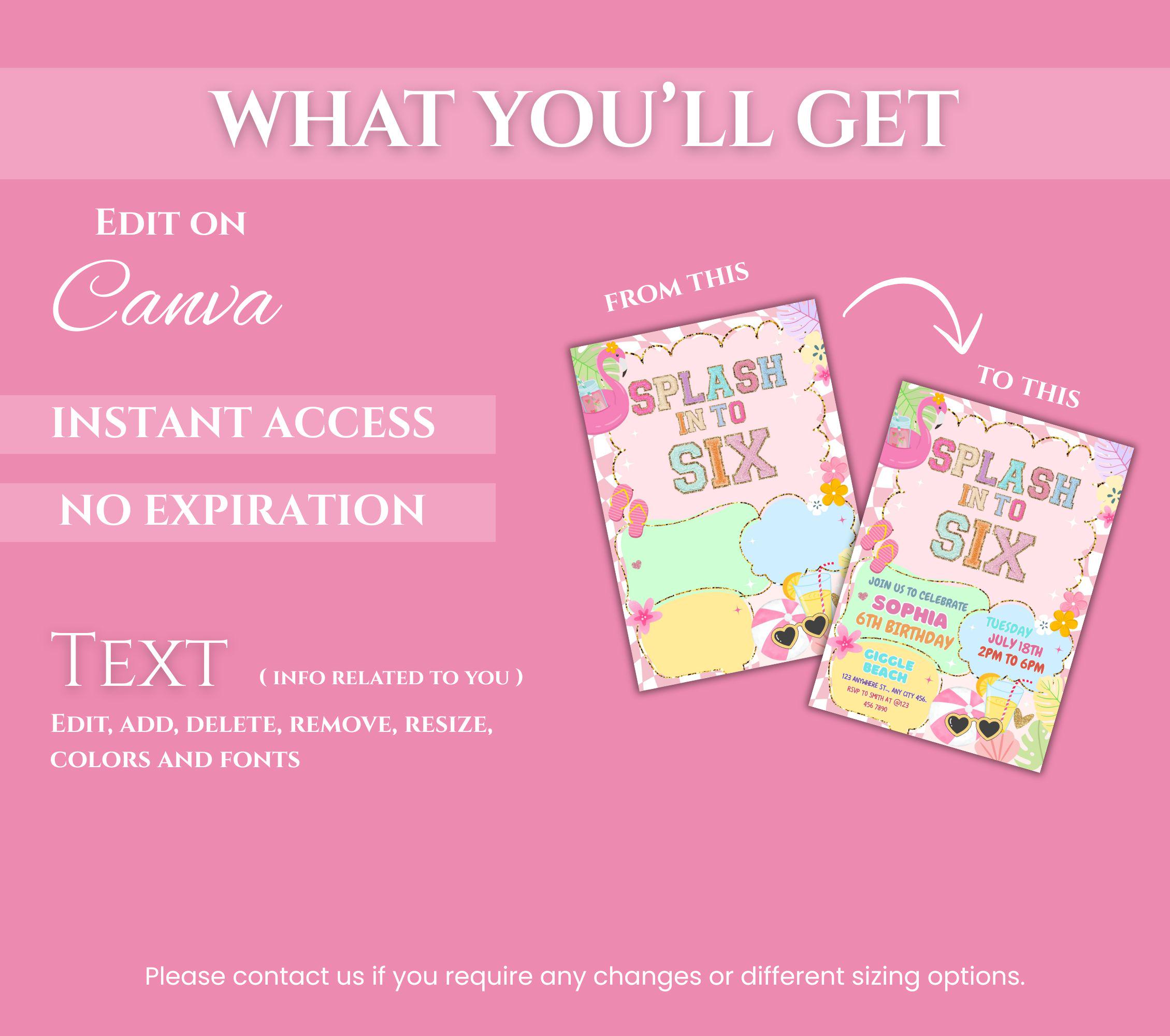 Splash Into Six Birthday Pool Party Invitation Template Editable Girly ...