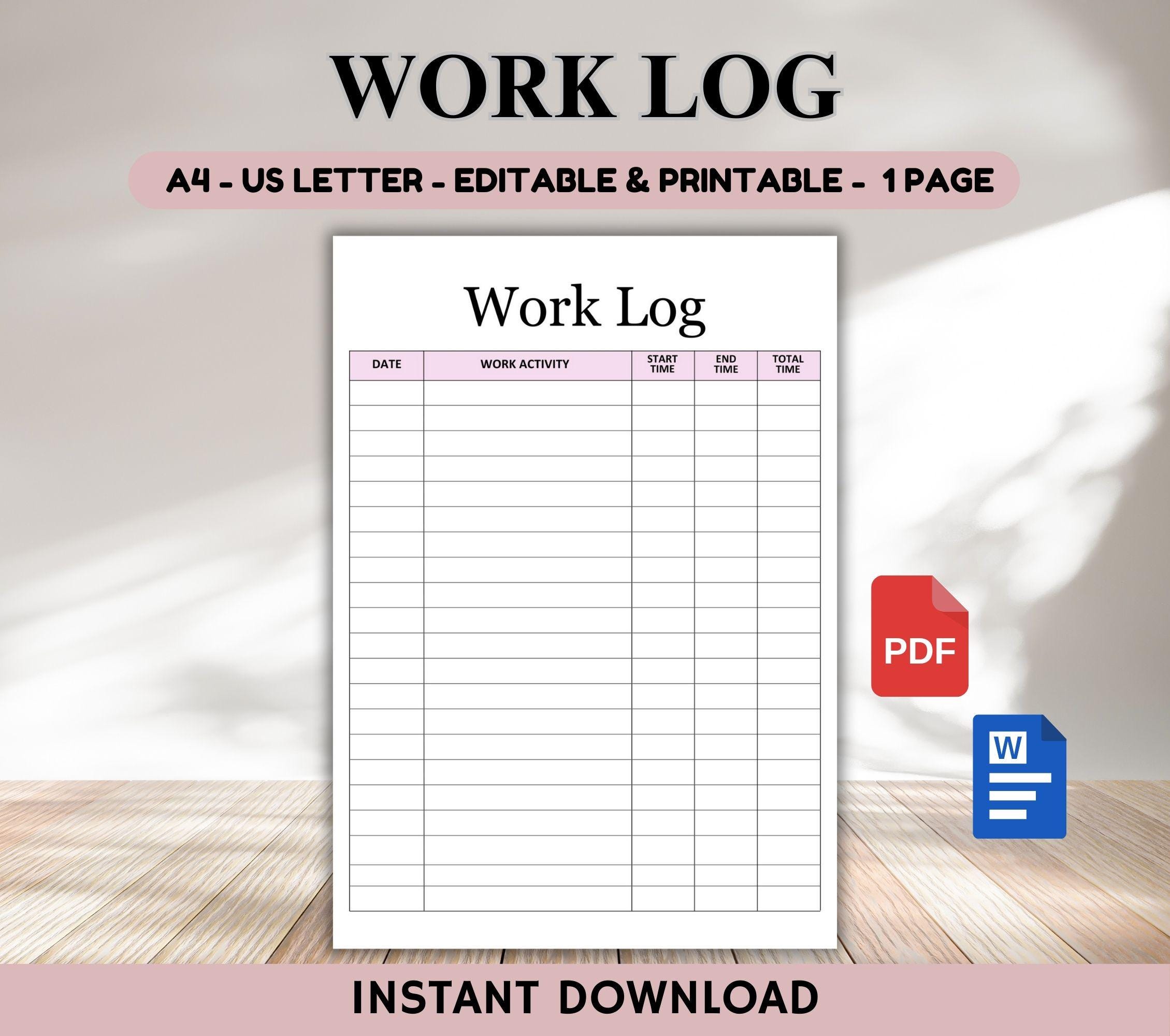 Working Hours Log Printable Template, Activity Hours Log Printable ...