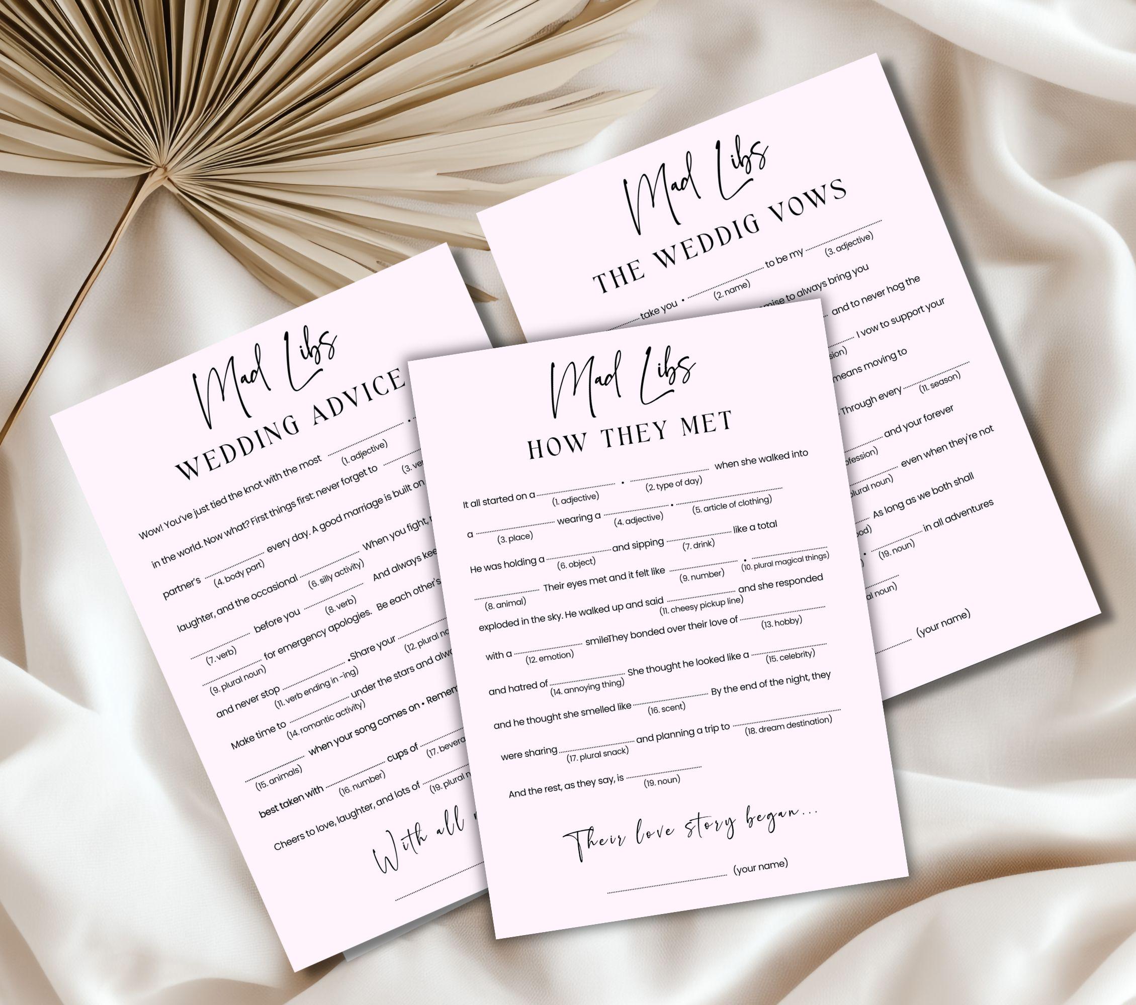 3 Minimalist Bridal Shower Mad Libs Games, Funny Wedding Vow, Mad Libs ...