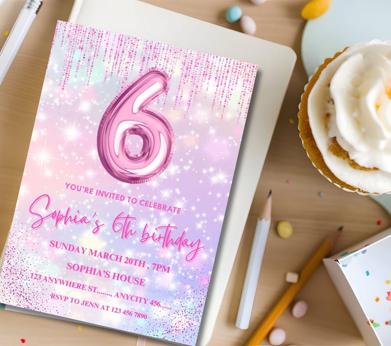 Editable Pink 6th Birthday Invitation Template, Glitter Birthday Party ...