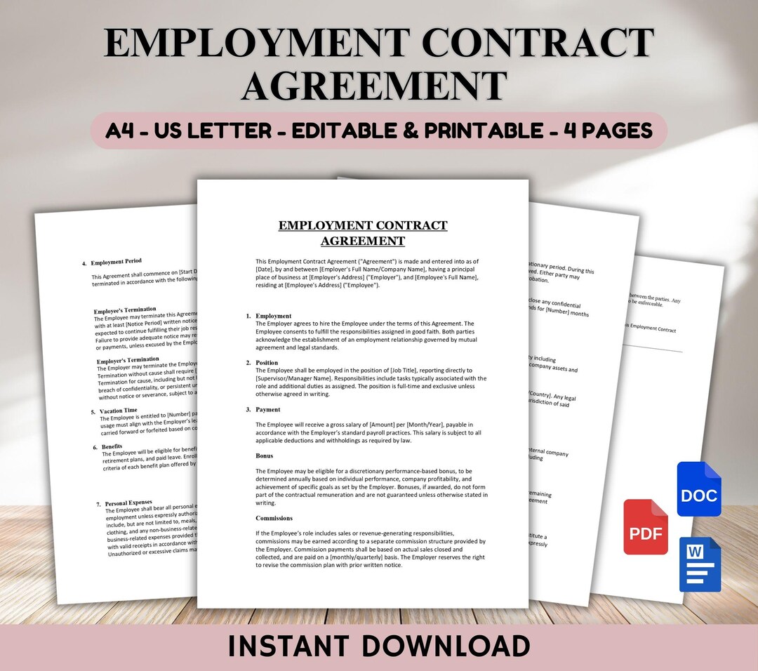 Employment Contract Agreement Template, Editable Employment Service ...