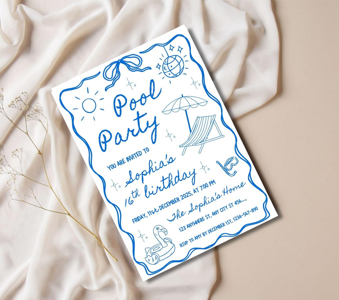 Pool Party Birthday Party Invitation Template, Hand Drawn Whimsical ...