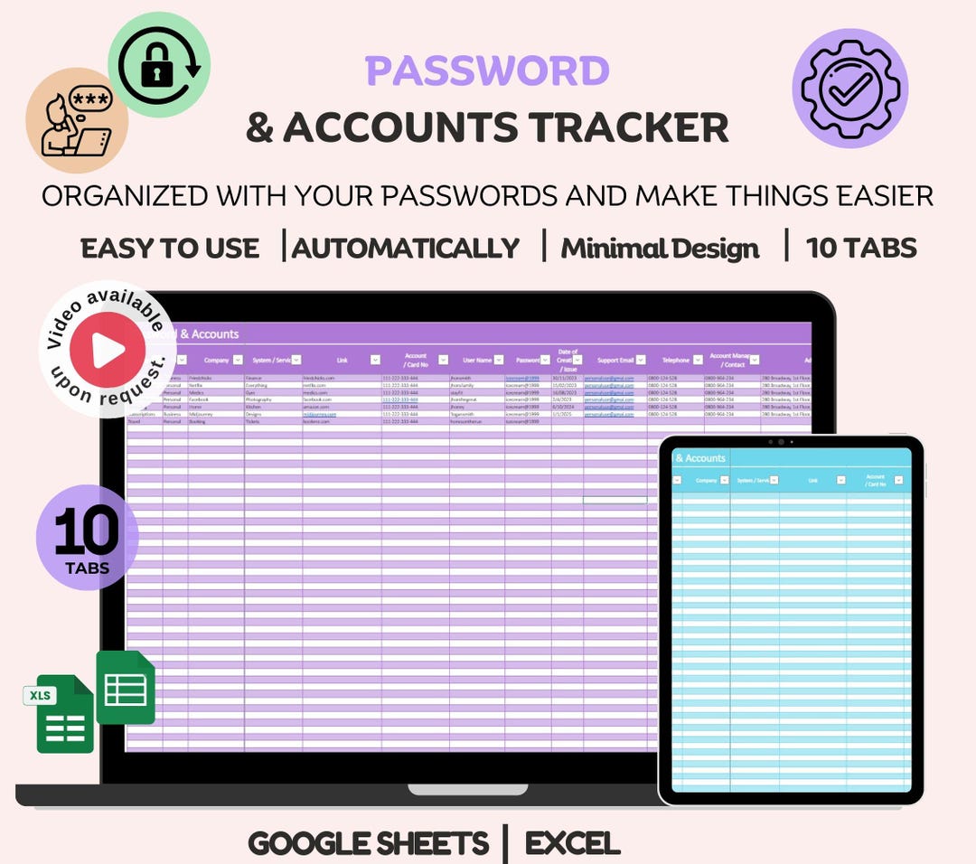 Accounts & Password Tracker Google Sheets, Password Organizer ...