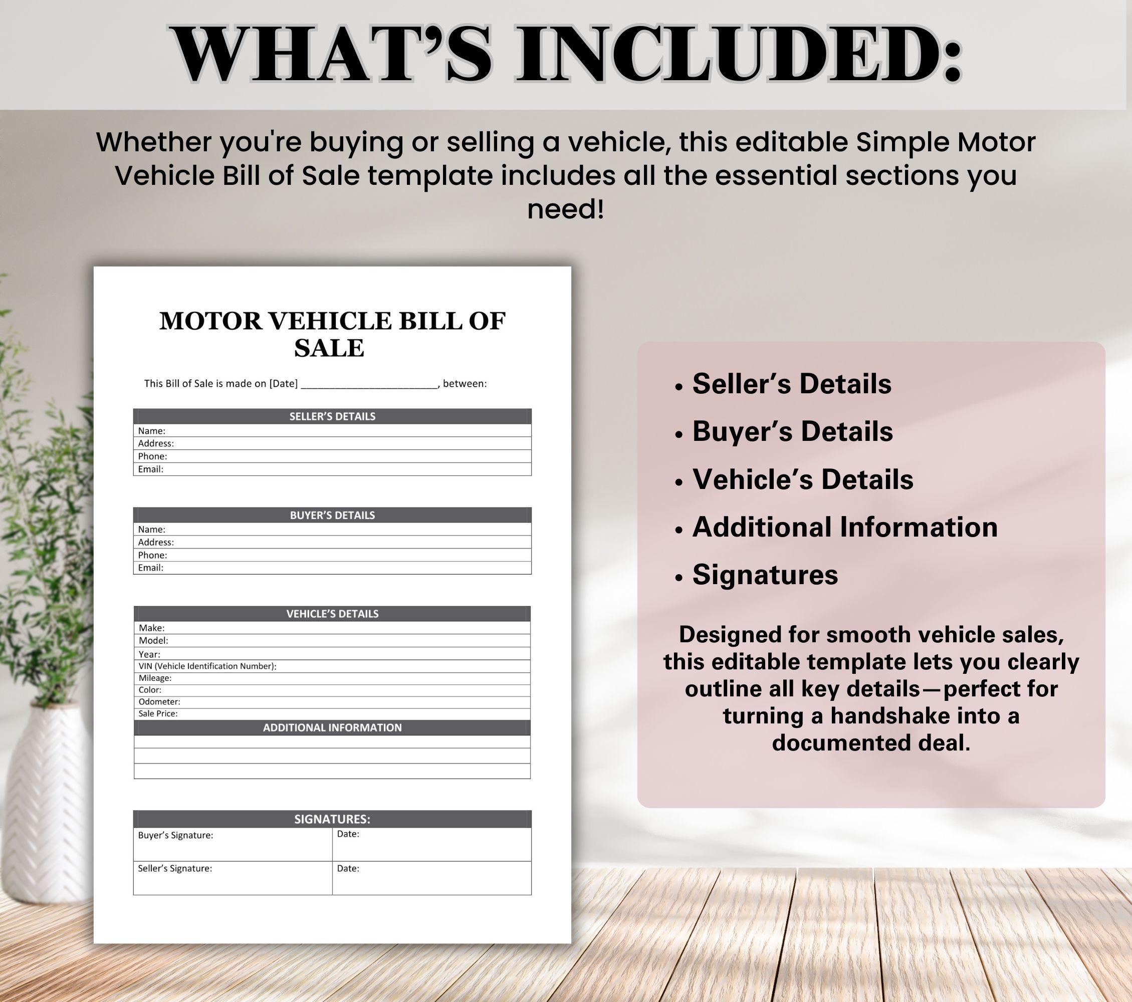 Editable Vehicle Bill of Sale Template, Printable Car Sale Agreement ...