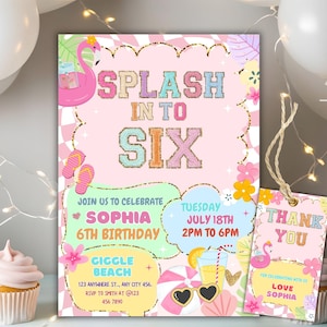 Splash Into Six Birthday Pool Party Invitation Template Editable Girly ...