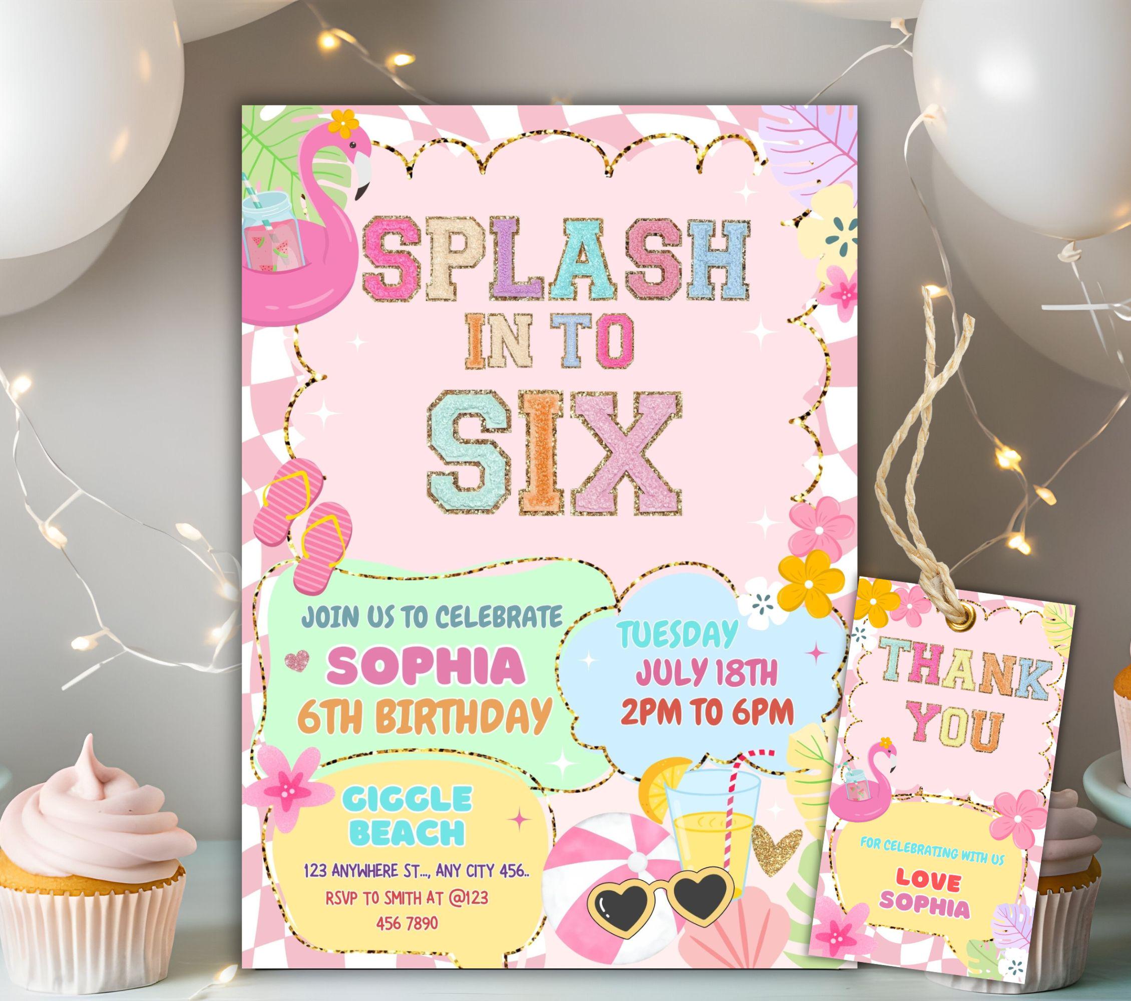Splash Into Six Birthday Pool Party Invitation Template Editable Girly ...