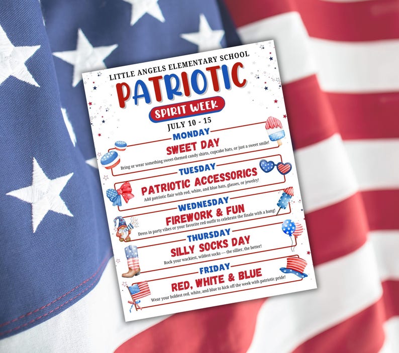 4th of July Spirit Week Flyer Template, Editable Patriotic Themed ...