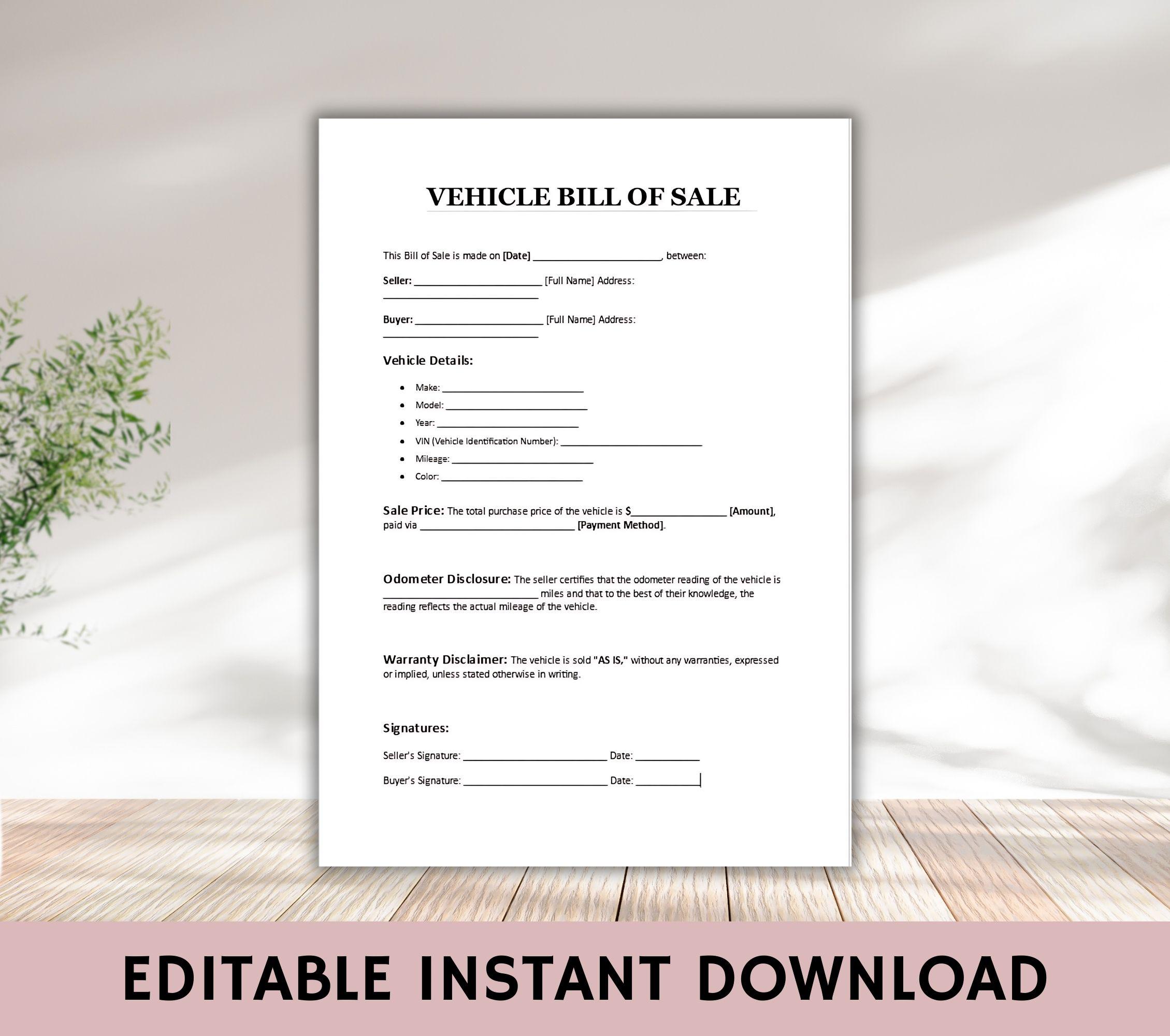 Editable Vehicle Bill of Sale Template, Printable Car Sale Agreement ...