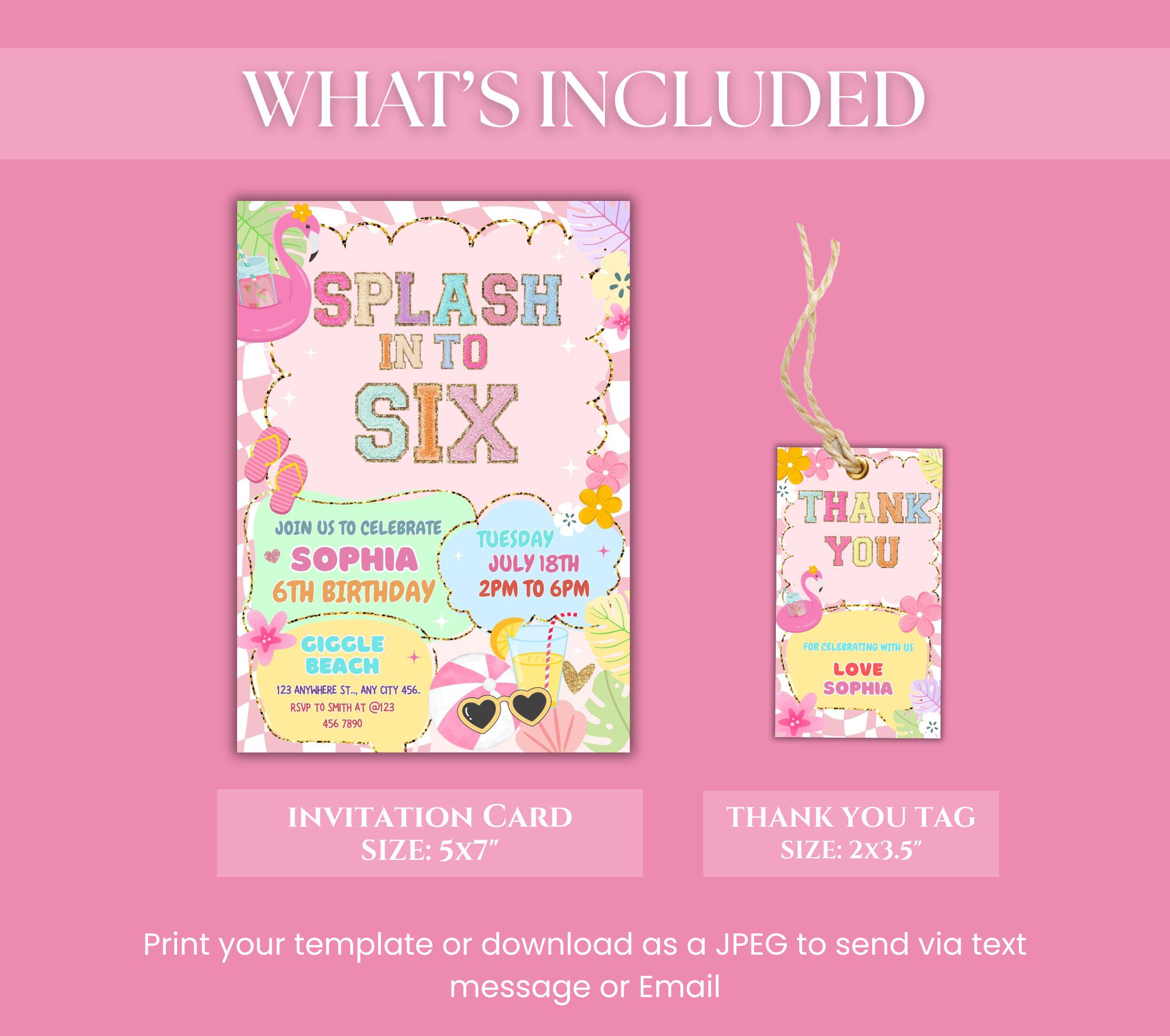 Splash Into Six Birthday Pool Party Invitation Template Editable Girly ...