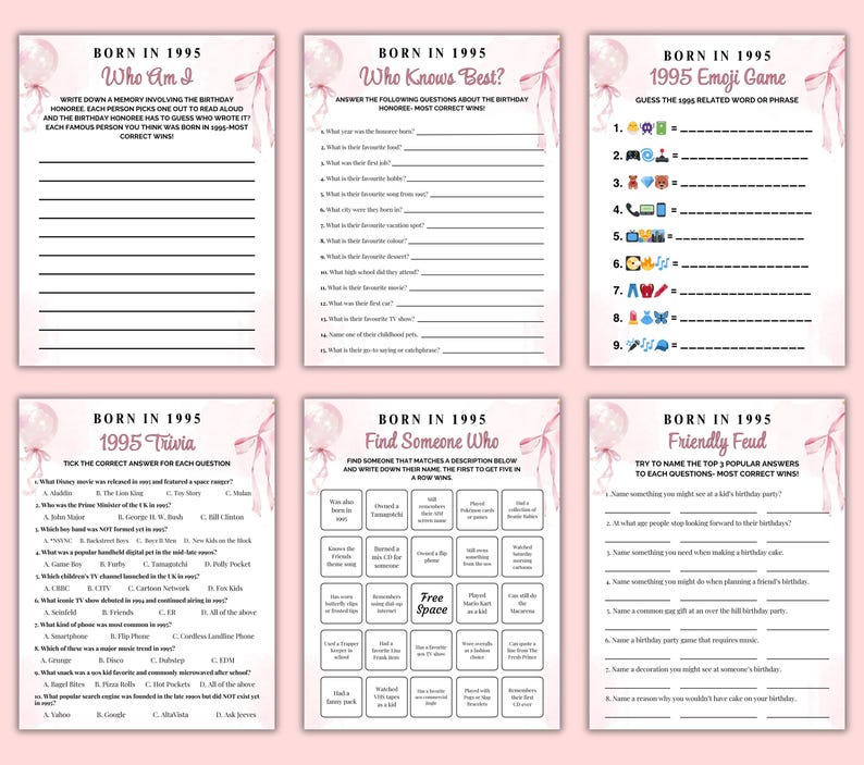 30th Birthday Party Games for Her Bundle, Born in 1995, Printable Girl ...