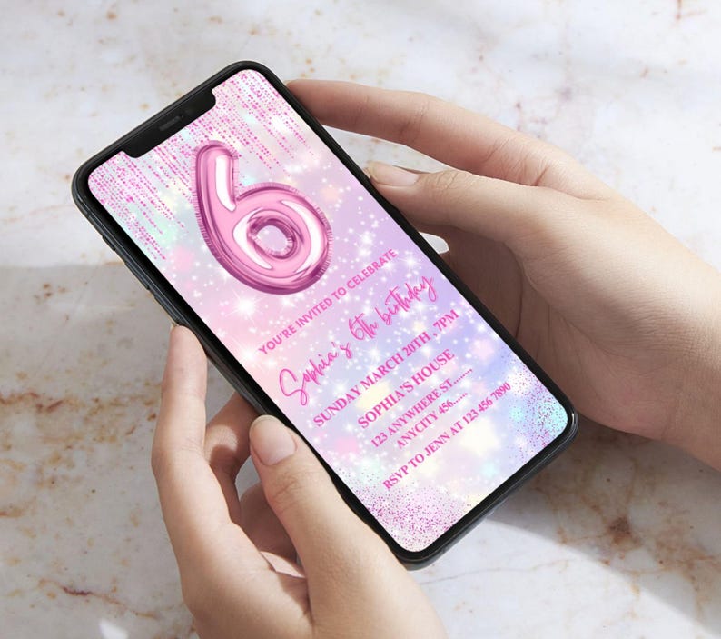 Editable Pink 6th Birthday Invitation Template, Glitter Birthday Party ...