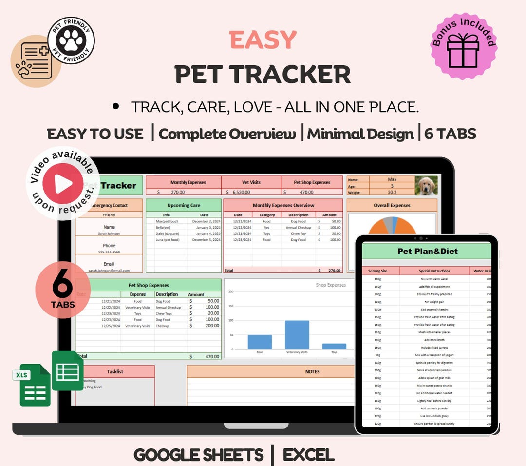 Premium Pet Care Tracker Spreadsheet, Google Sheets Template, Pet Care Management, Pet Care ...