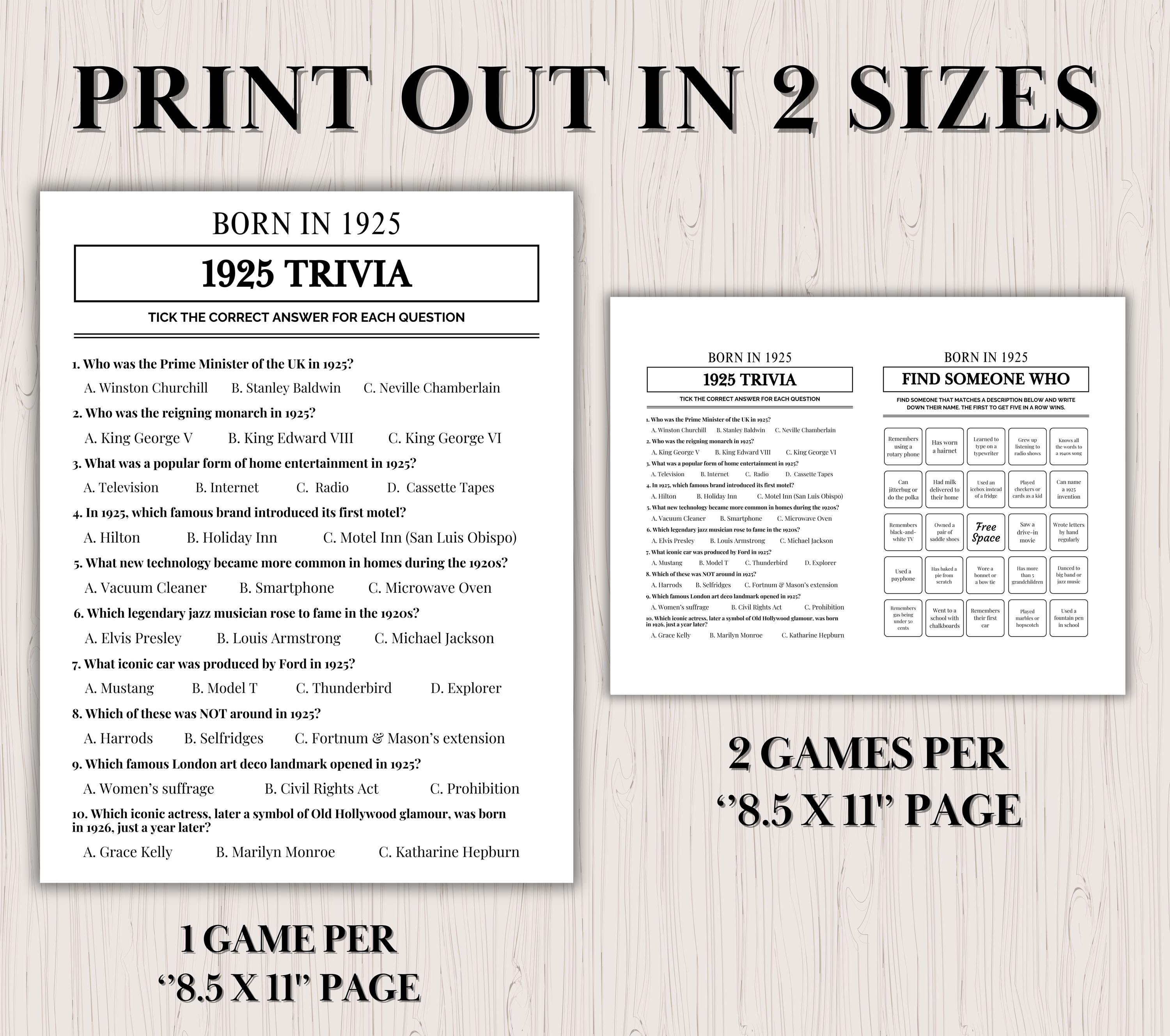 100th Birthday Party Games Bundle Printable, Born in 1925 Birthday ...