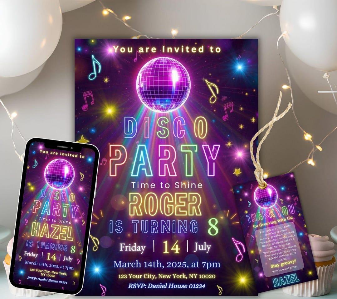 Disco Party Invitation, Editable Neon Glow Disco Dance Party Invitation ...