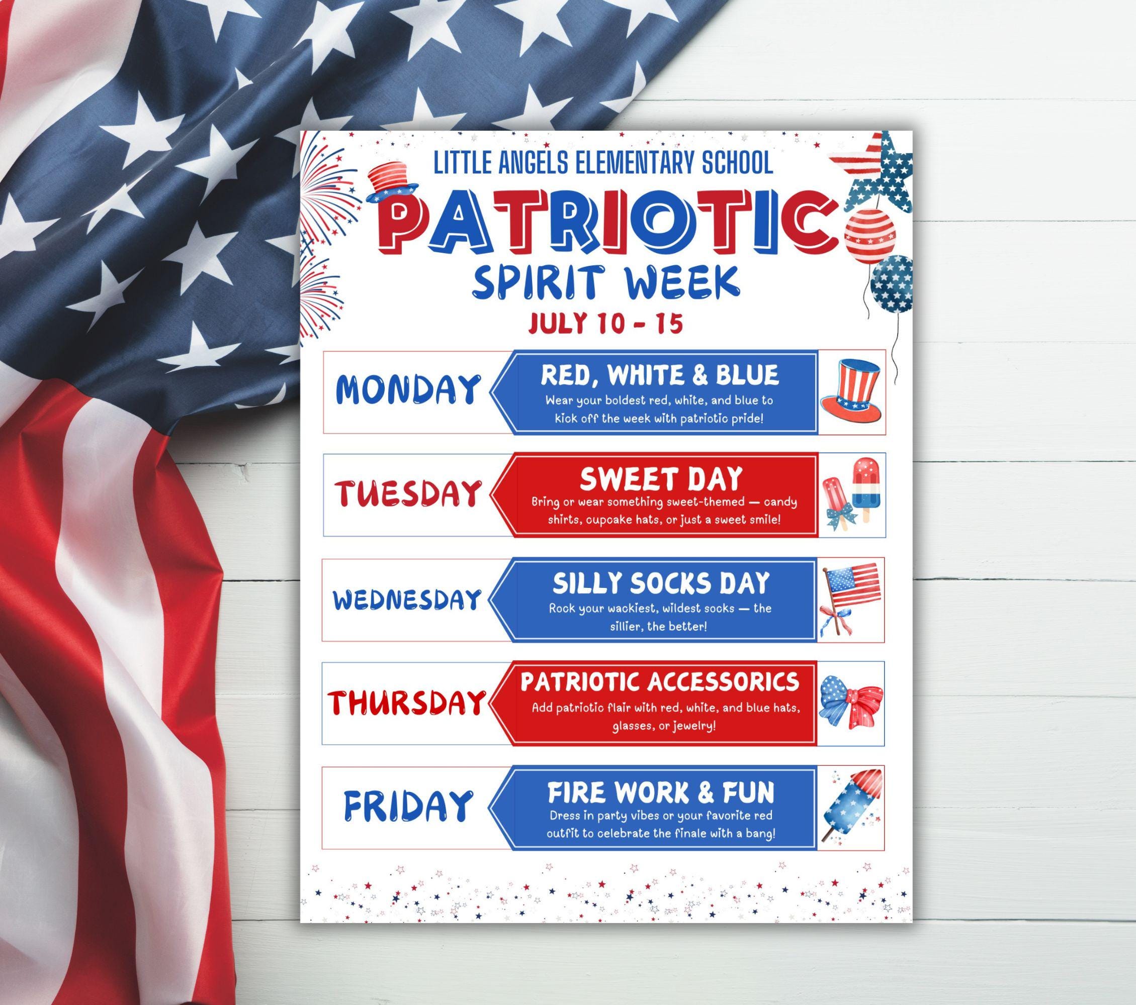Patriotic Spirit Week Flyer Template, Editable 4th of July Themed ...