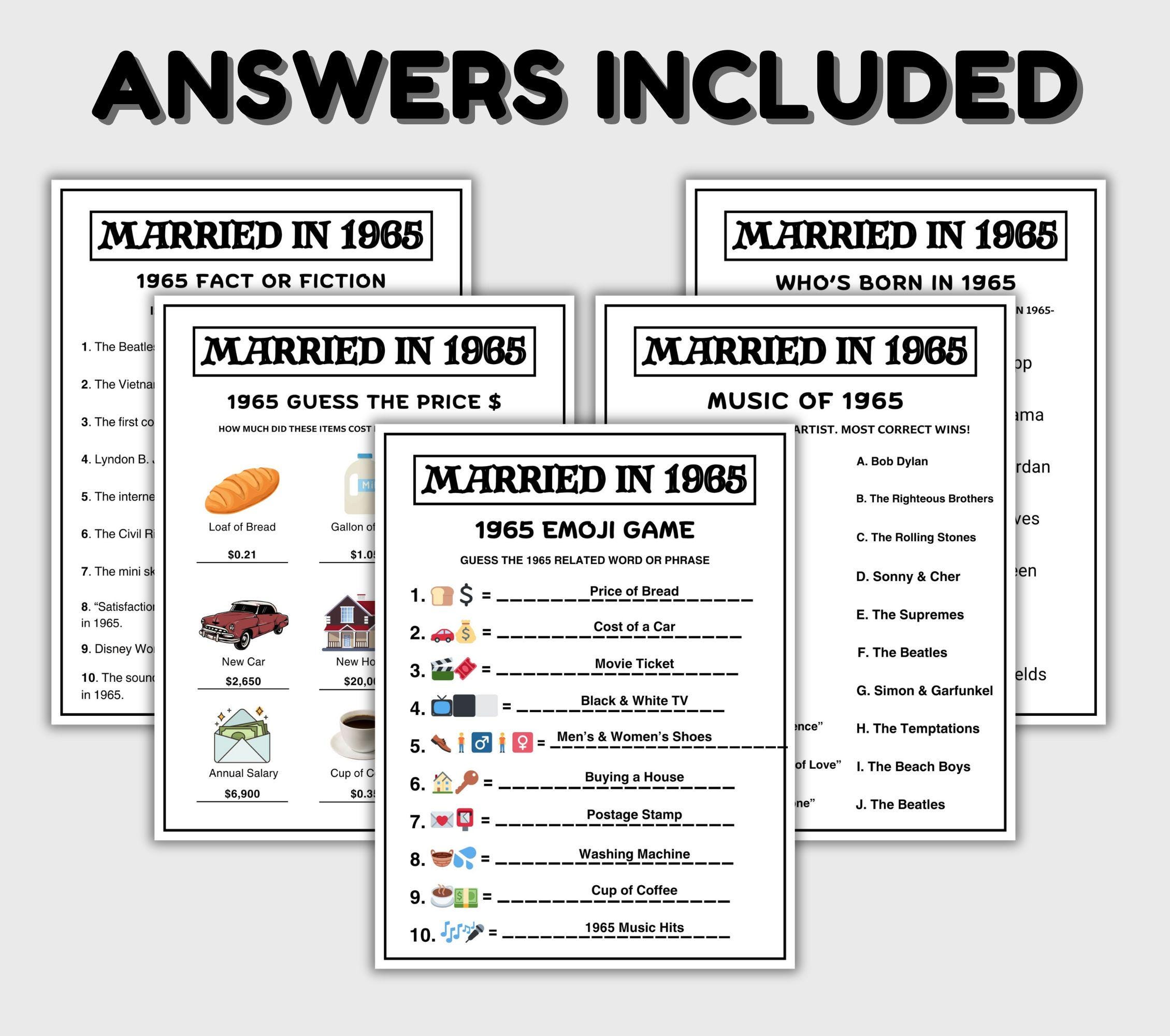 60th Anniversary Printable Games Bundle, Married in 1965 Games, Fun ...