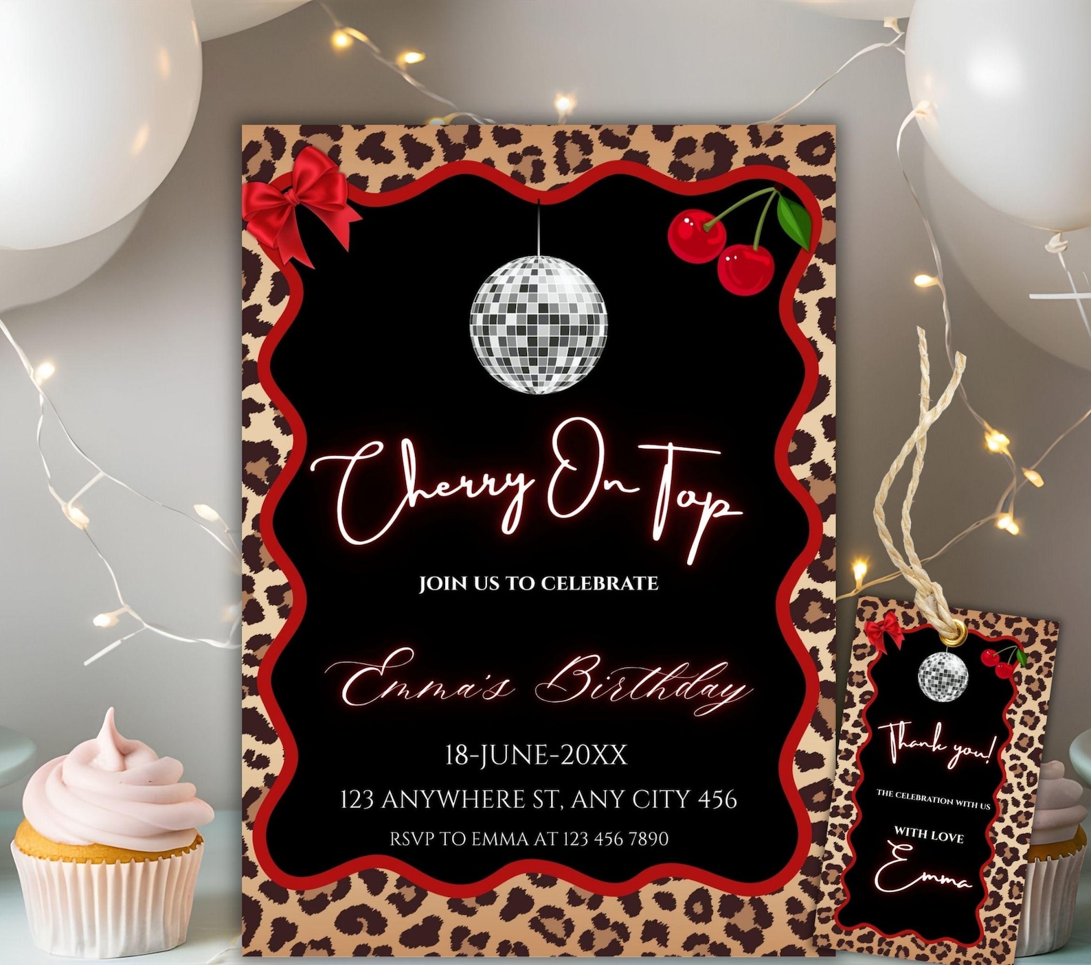 Cherry on Top Bows Leopard Glam Birthday Invite, Leopard Birthday ...
