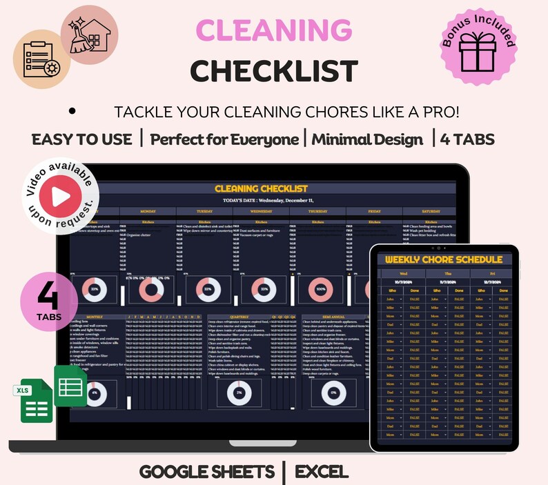 Cleaning Checklist Excel Spreadsheet Google Sheet, Cleaning Schedule ...