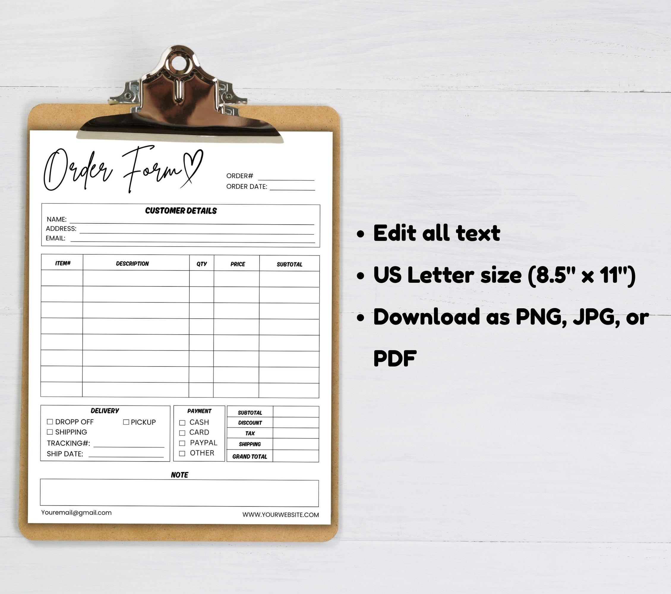 Minimalist Order Form Template, Crafters Order Form, Small Business ...