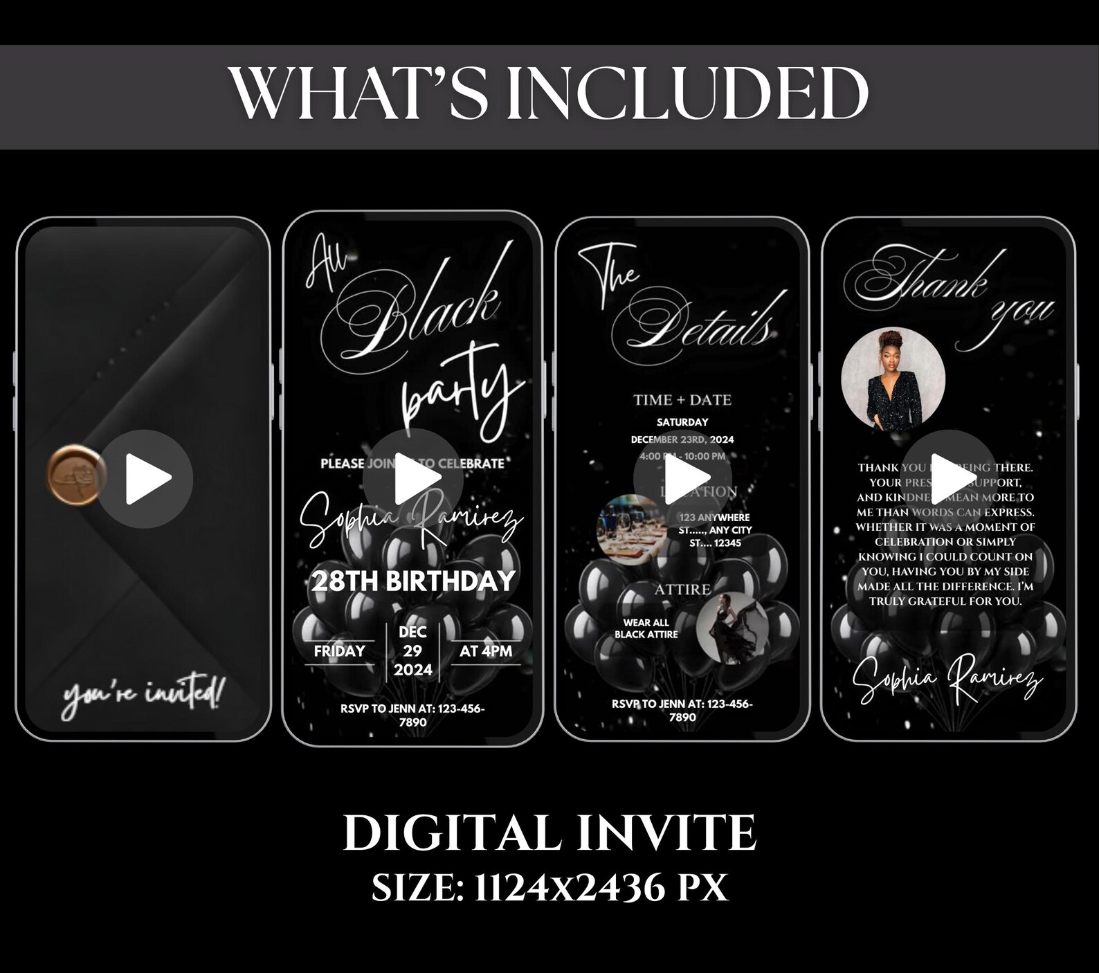 Digital All Black Birthday Party Invitation, Birthday Dinner, Birthday ...