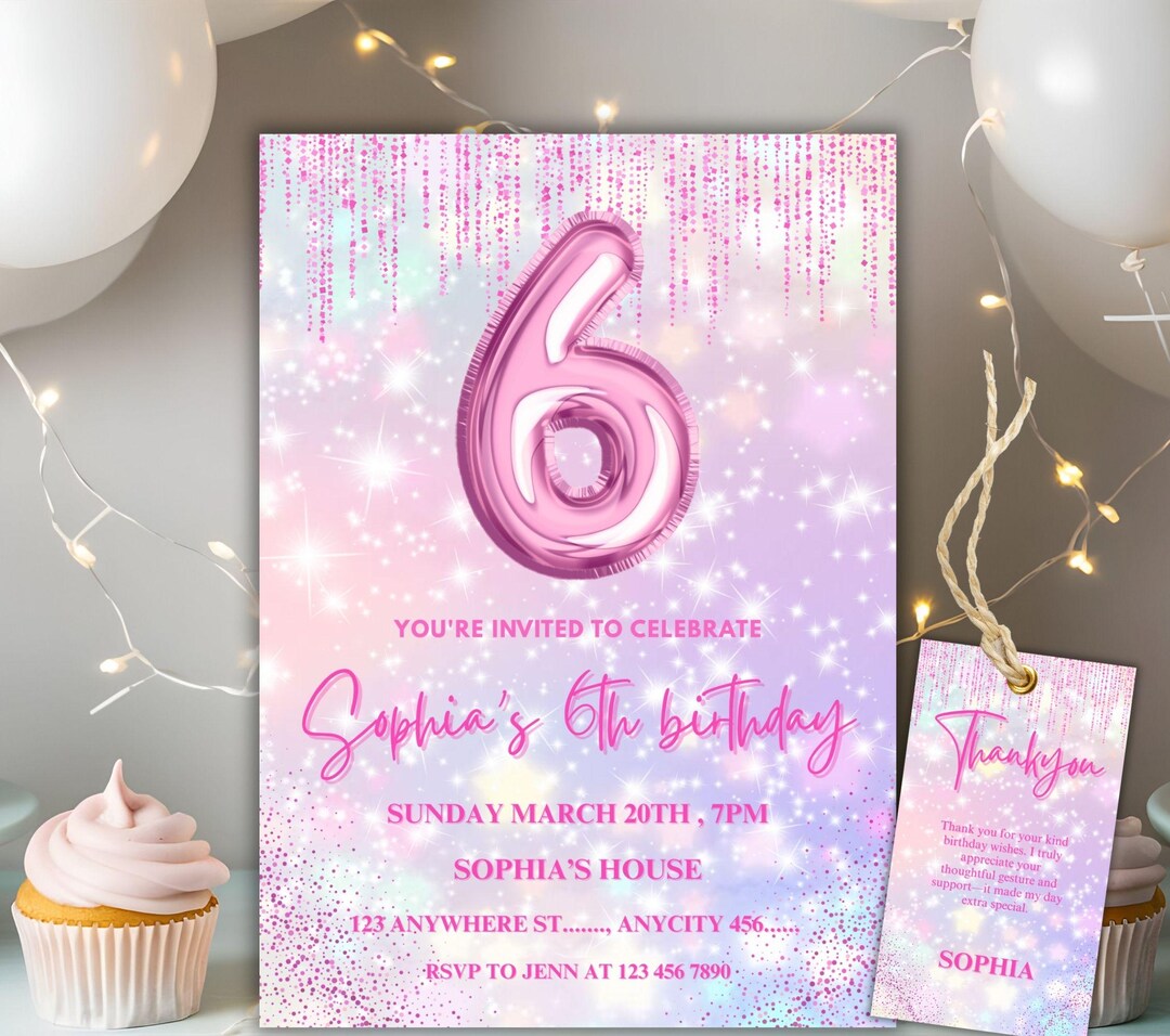 Editable Pink 6th Birthday Invitation Template, Glitter Birthday Party ...