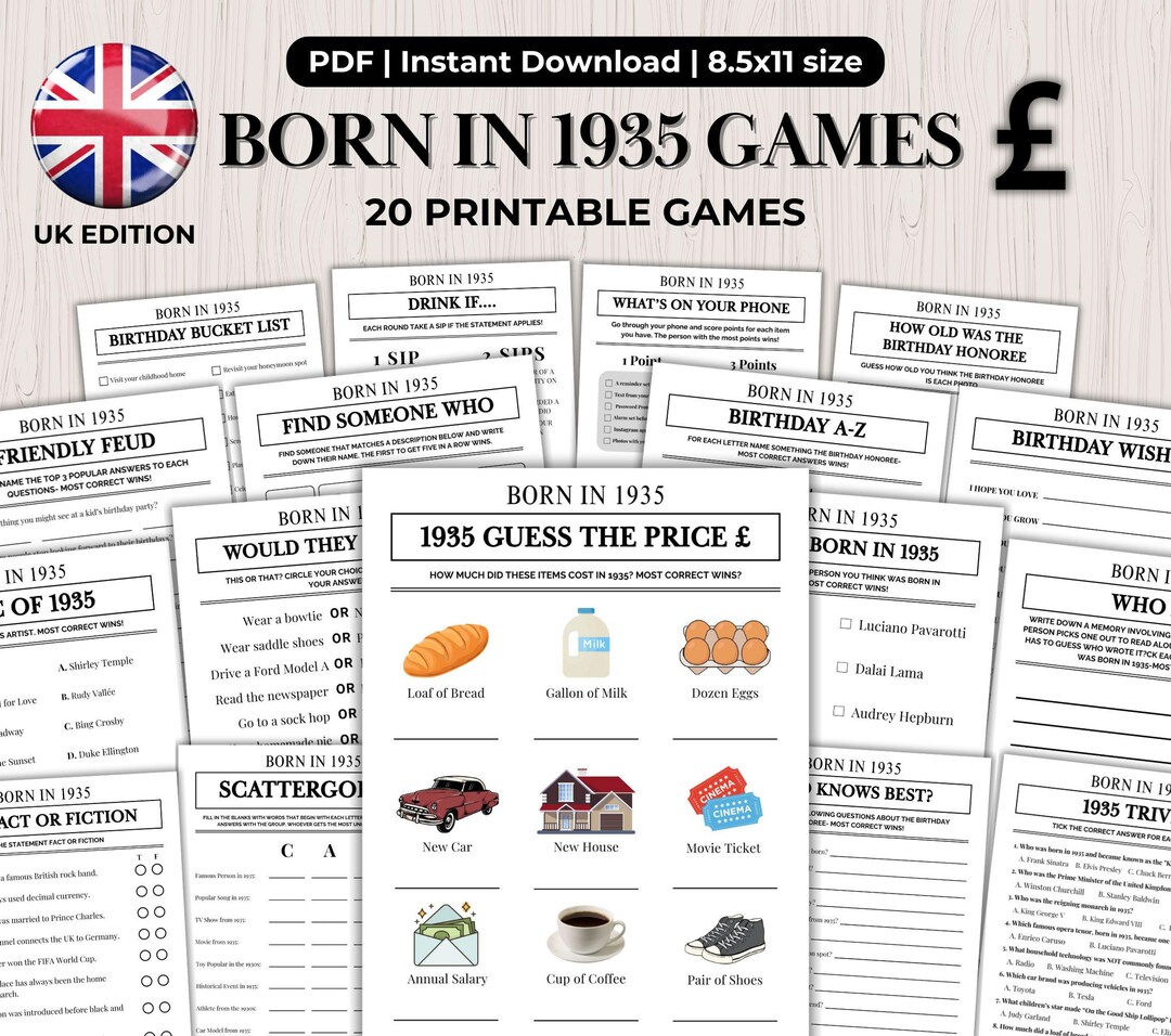 1935 Birthday Party Games Bundle Printable, Born in 1935 Birthday Games ...