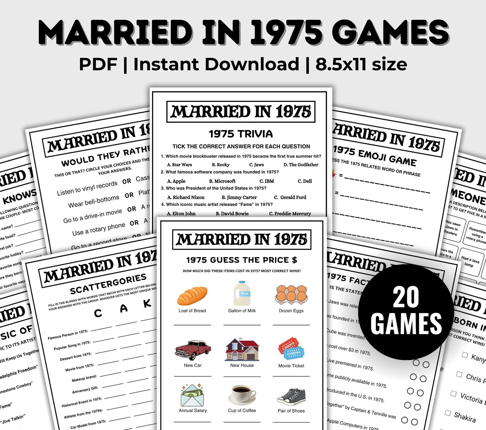 50th Anniversary Printable Games Bundle, Married in 1975 Games, Fun ...