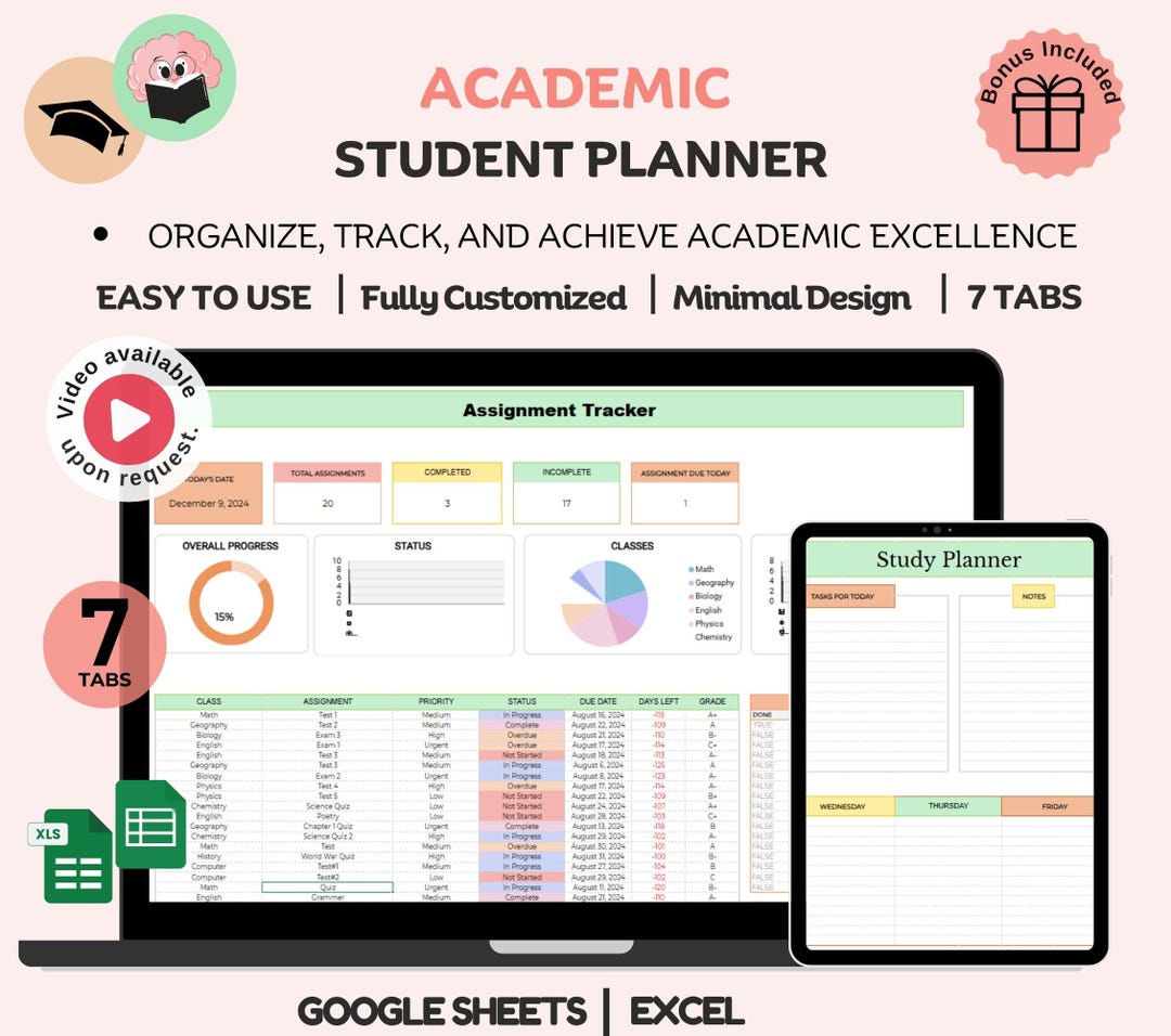 Student Planner Spreadsheet, Assignment Tracker Google Sheet, Student ...